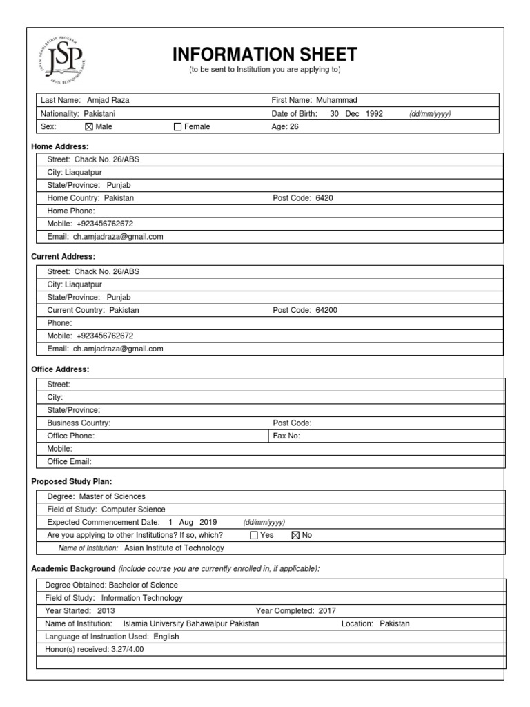 Information Sheet: Home Address | PDF | Pakistan | Employment
