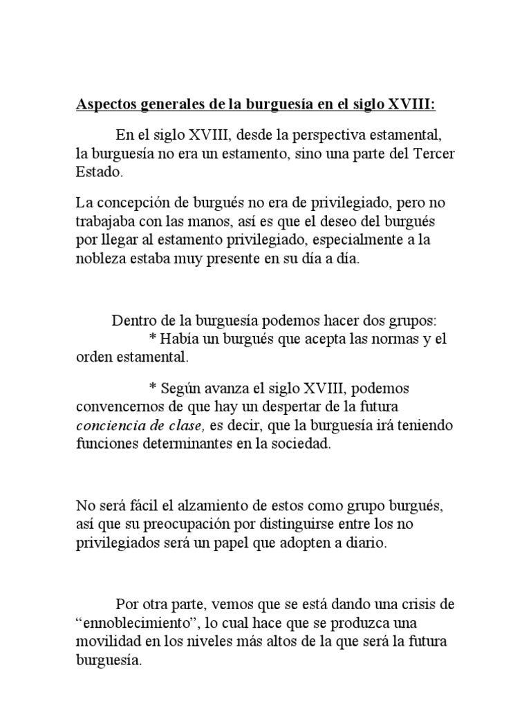 Aspectos generales de la burguesía en el siglo XVIII