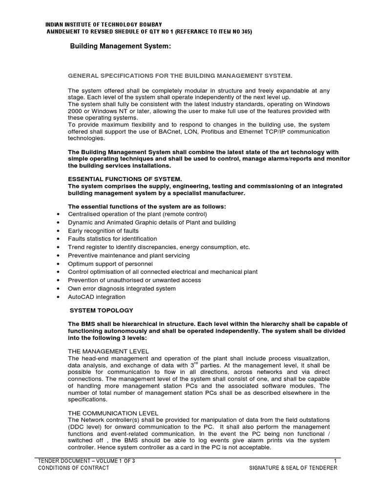 BMS Specifications for IIT Bombay Tender | PDF | Computer Network ...