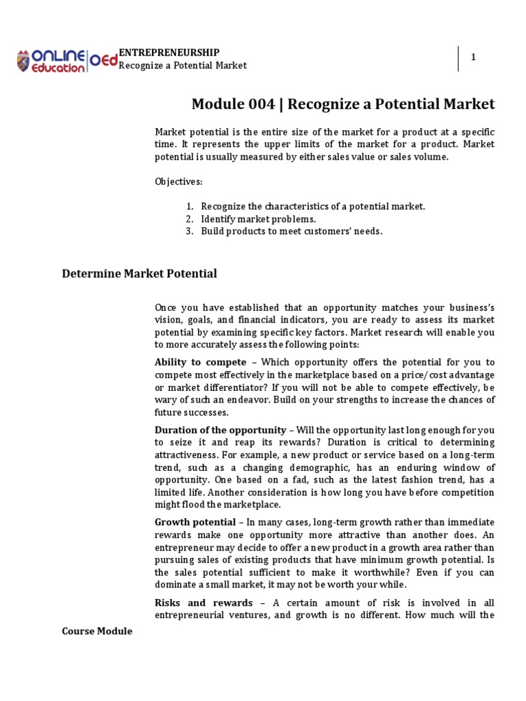 Module 004 - Recognize A Potential Market | PDF | Entrepreneurship | Sales