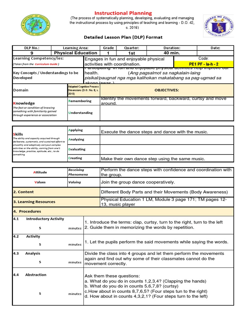 Instructional Planning: Detailed Lesson Plan (DLP) Format | PDF | Learning | Physical Education