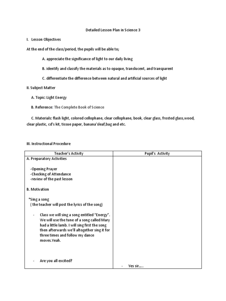 Light Energy Lesson Plan for Grade 3 | PDF | Light | Nature