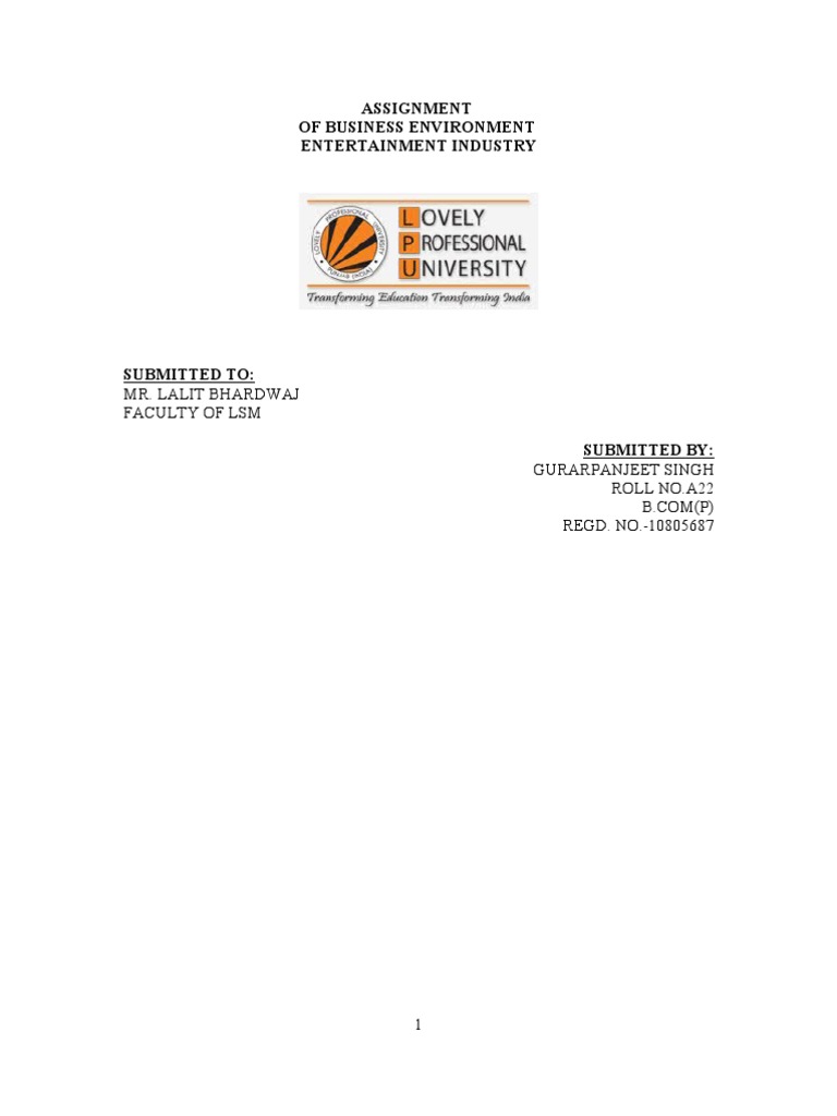 Assignment of Business Environment Entertainment Industry: Mr. Lalit ...