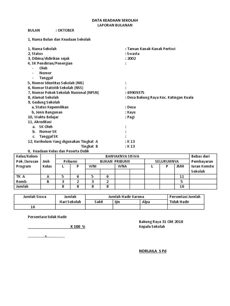 Laporan Bulanan Data Sekolah Oktober | PDF