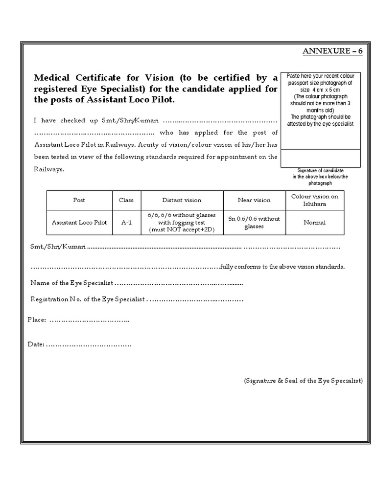 Medical Certificate For Vision (To Be Certified by A Registered Eye ...