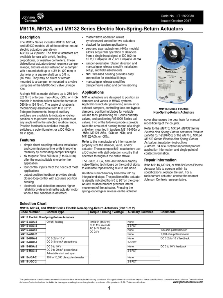 M9116, M9124, and M9132 Series Electric Non-Spring-Return Actuators ...