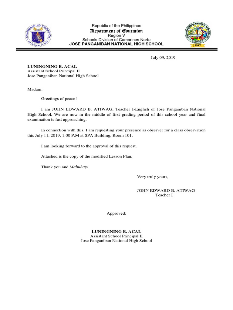 Request for Class Observation Letter | PDF