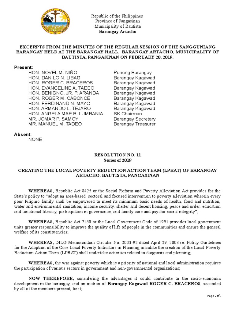Barangay Local Poverty Reduction Action Team | PDF | Poverty Reduction ...