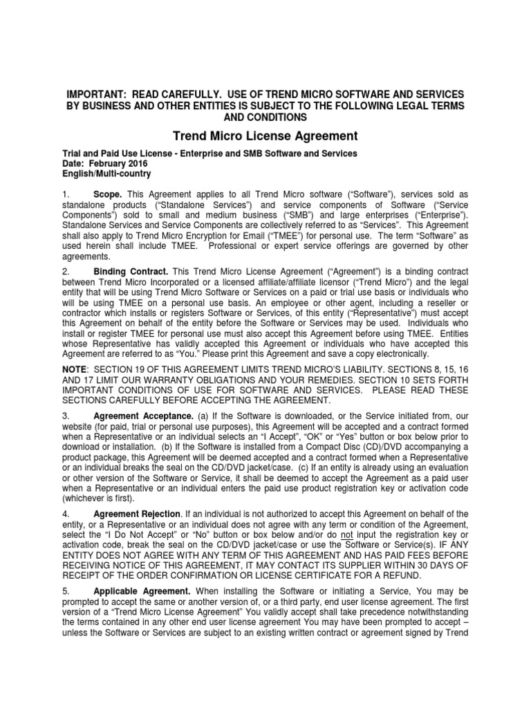 Trend Micro License Agreement | Download Free PDF | License | Software