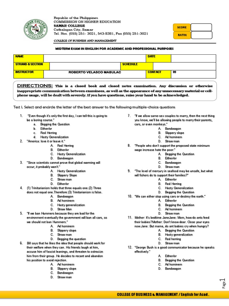 Directions:: Test I. Select and Encircle The Letter of The Best Answer ...