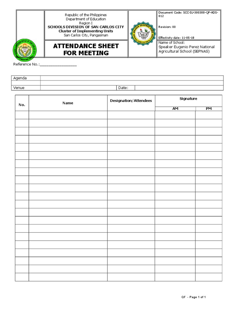 Attendance Sheet For Meeting: Speaker Eugenio Perez National ...