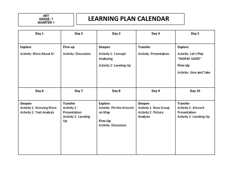 Learning Plan Calendar: Day 1 Day 2 Day 3 Day 4 Day 5 | PDF