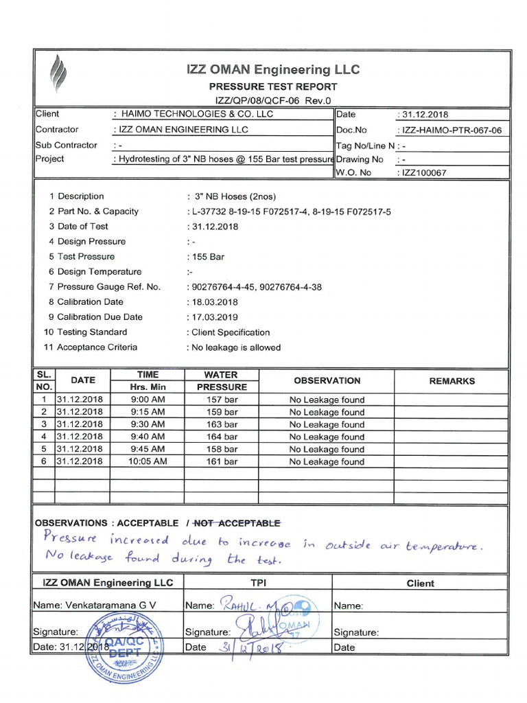 IZZ-HAIMO-PTR-067!06!3inch Hose Pressure Test Report | PDF