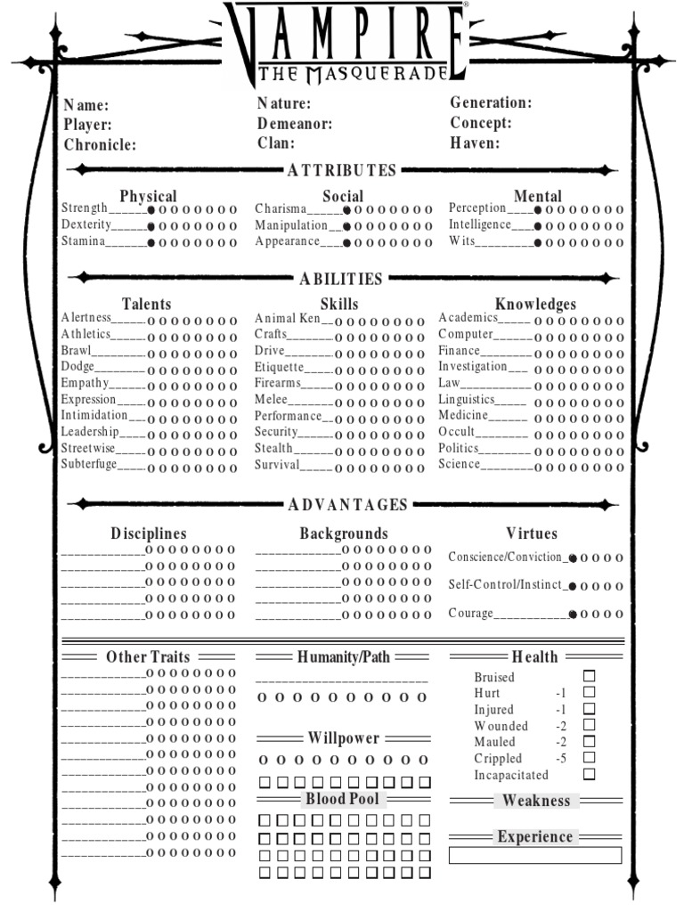 Vampire The Masquerade Sheet | PDF