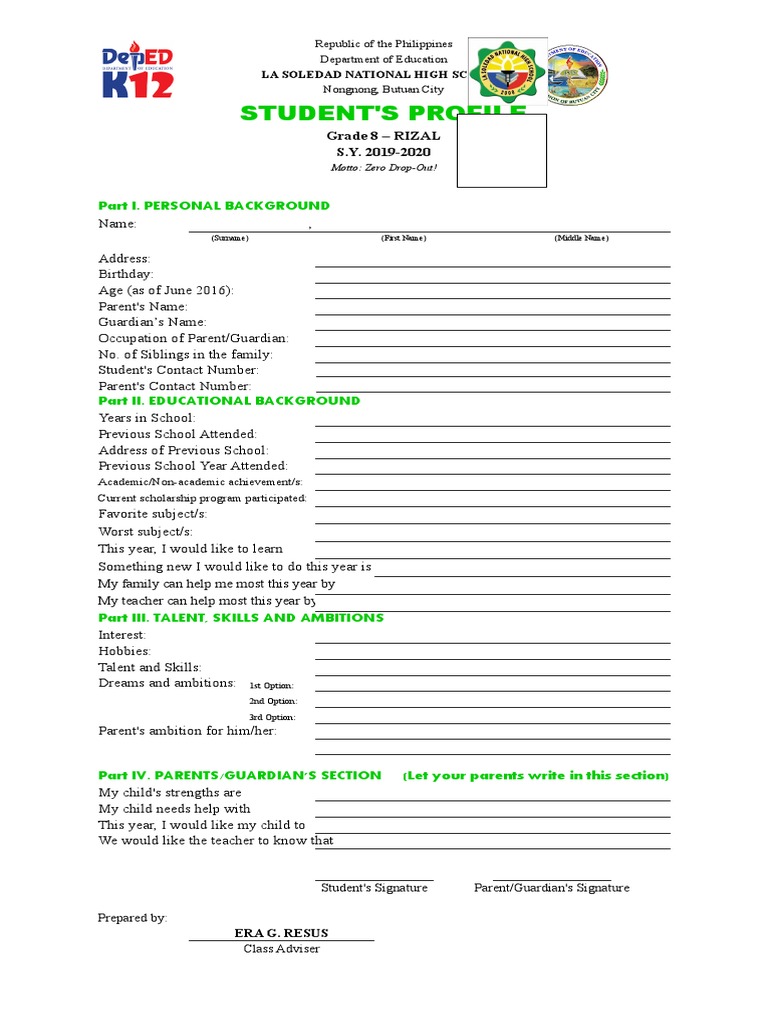Student'S Profile: Part I. Personal Background | PDF | Classroom | Teachers