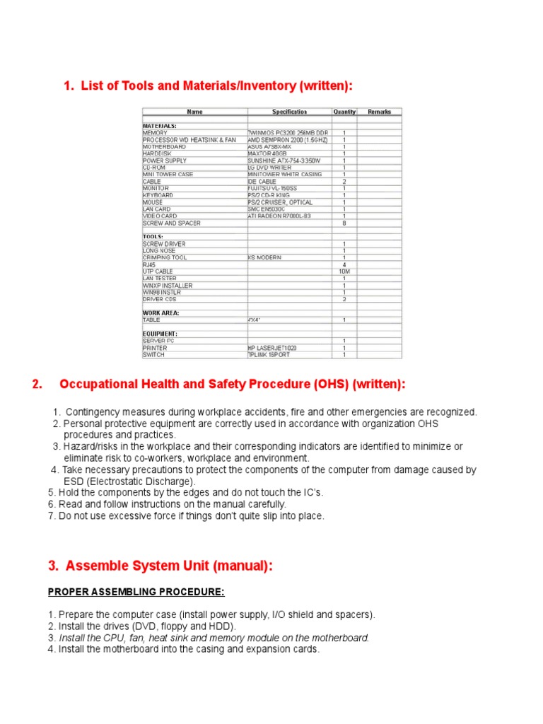 List of Tools and Materials/Inventory (Written) :: 3. Assemble System ...