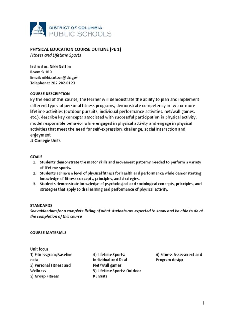 Physical Education Course Outline (Pe 1) : Fitness and Lifetime Sports ...