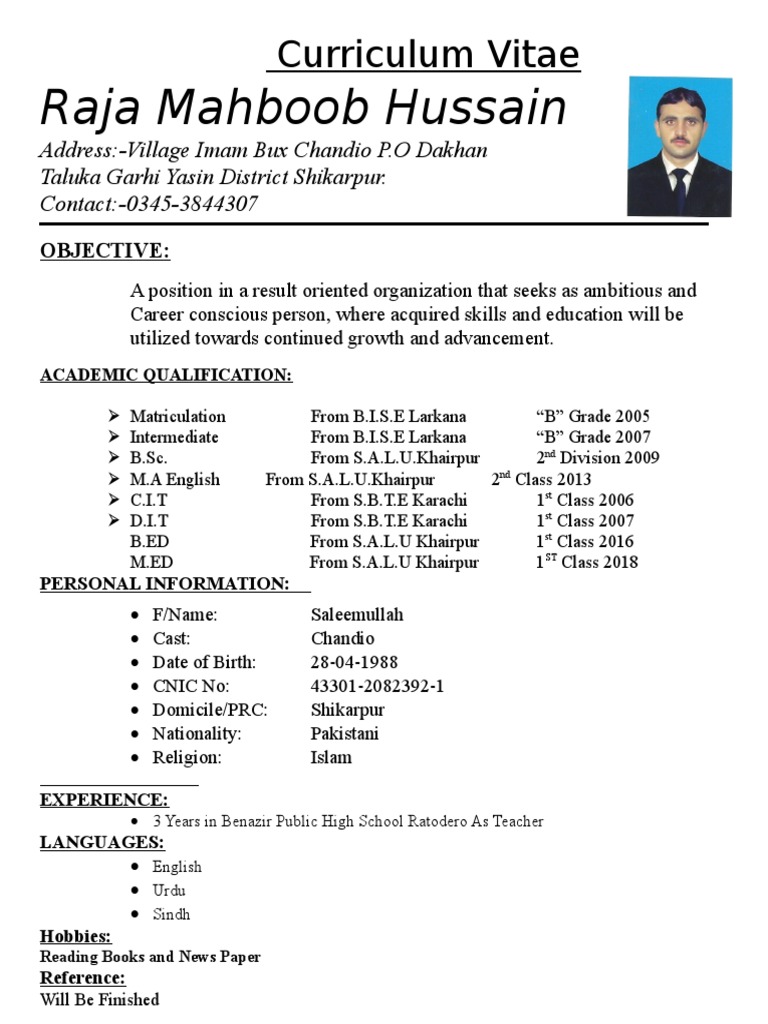 Raja Mahboob Hussain: Curriculum Vitae | PDF