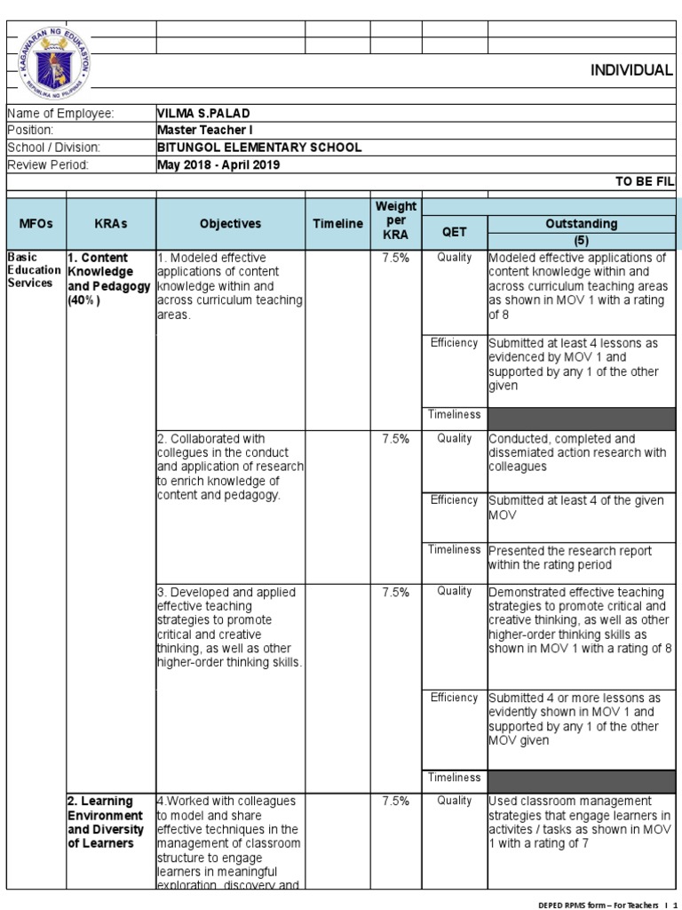 Individual Performance Commitment and Review Form (Ipcrf) For Teacher I ...