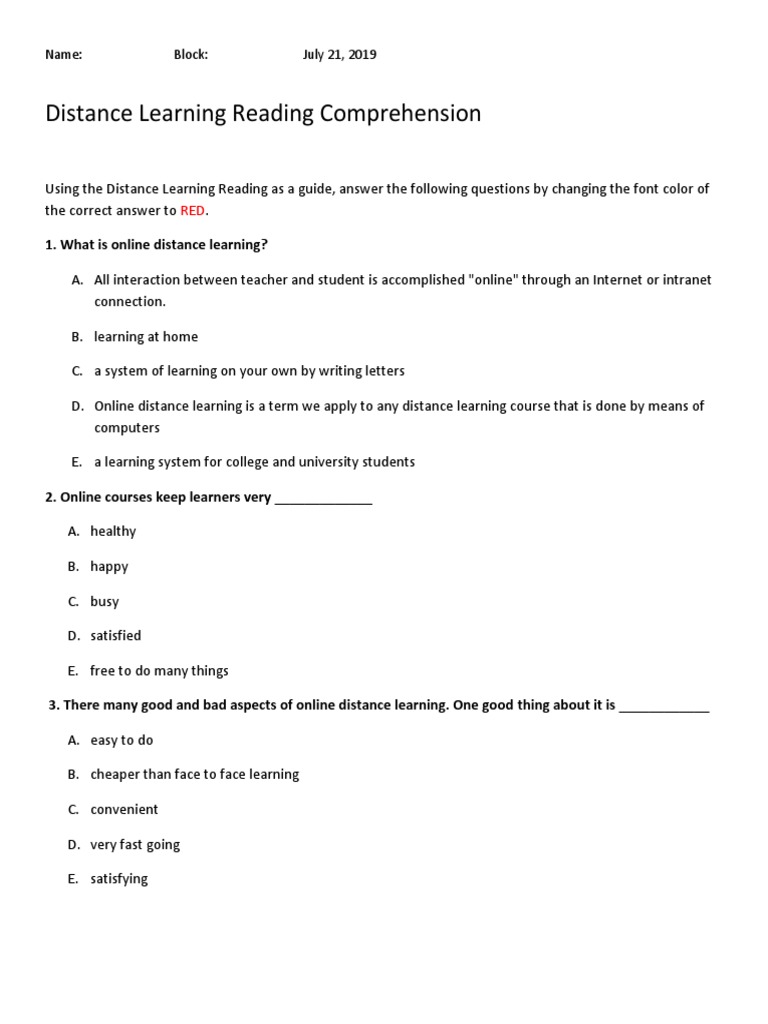 Distance Learning Reading Comprehension | PDF | Distance Education ...