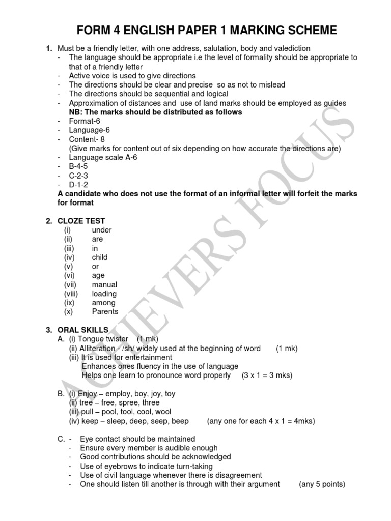 Form 4 English Paper 1 Marking Scheme | PDF