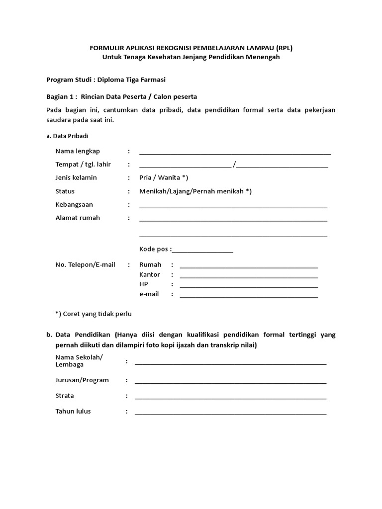 Formulir Aplikasi RPL | PDF
