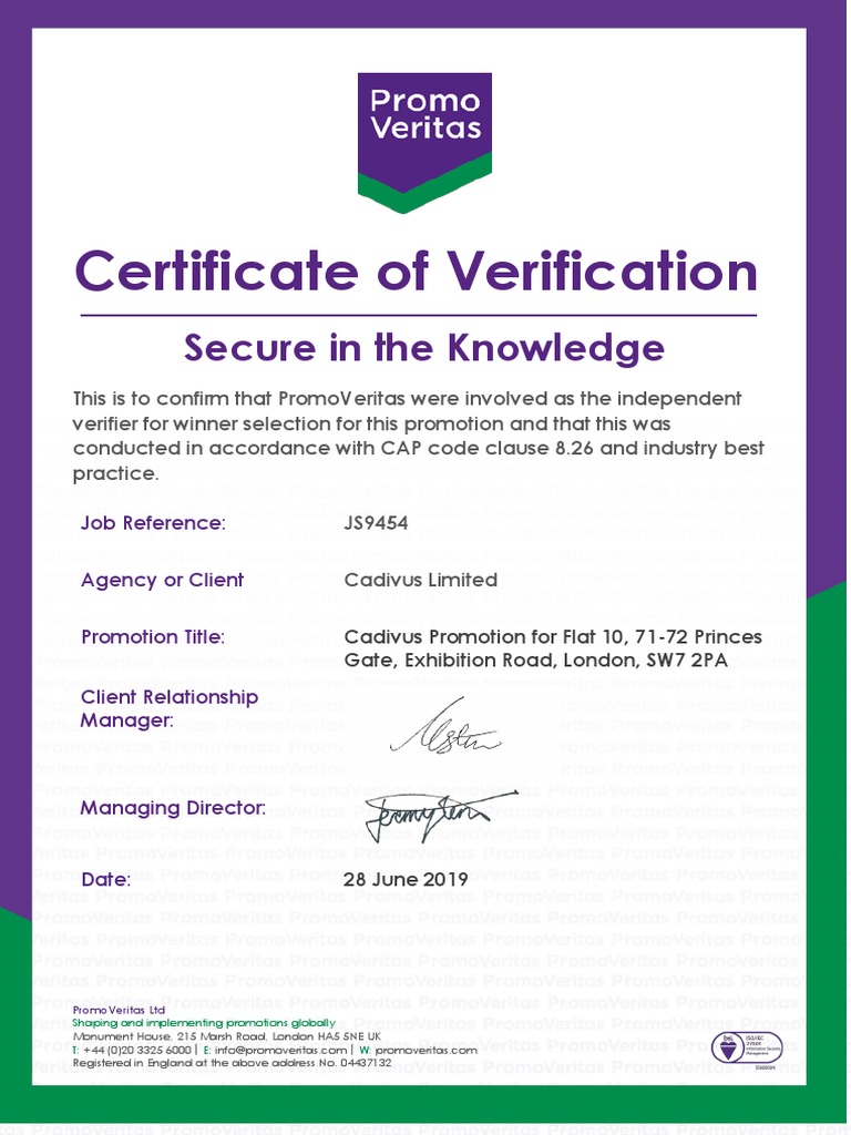 JS9454 Cadivus Certificate of Verification | PDF