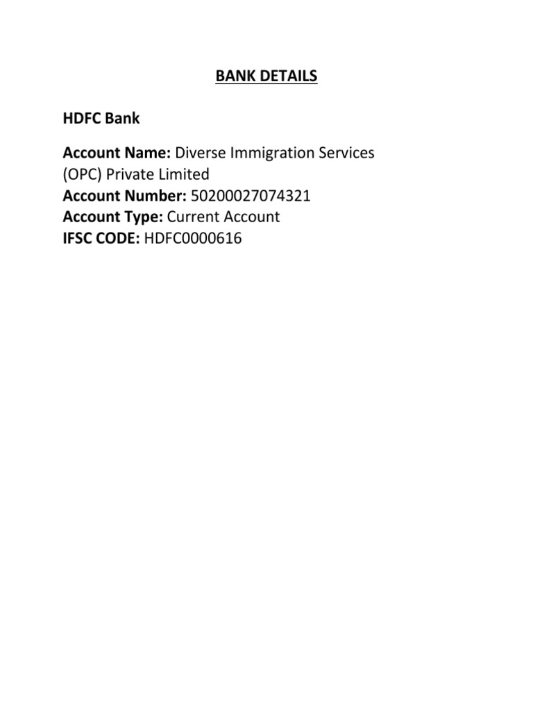 Bank Details HDFC Bank Account Name: Diverse Immigration Services ...