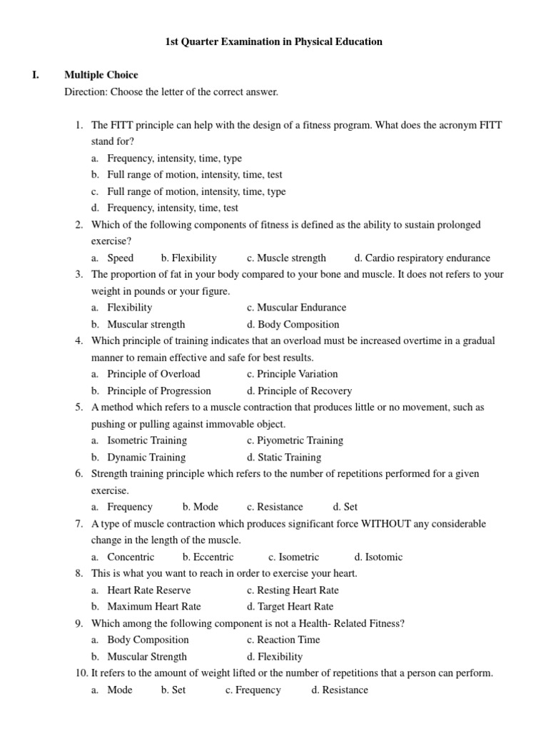 1st Quarter Examination in Physical Education | Strength Training ...