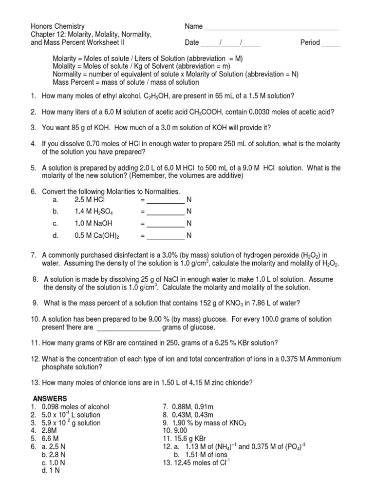 Molarity Molality Normality and Mass Percent Worksheet II PDF | PDF ...