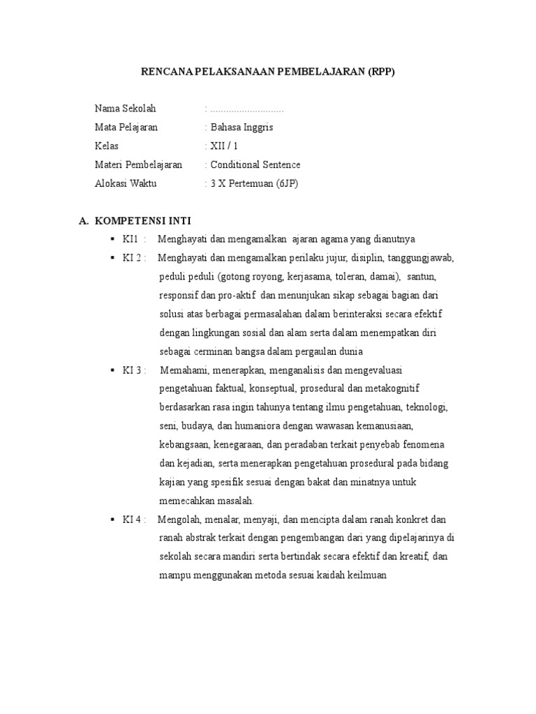 RPP K13 Kelas XII-1 Conditional Sentence KD 3.5 | PDF