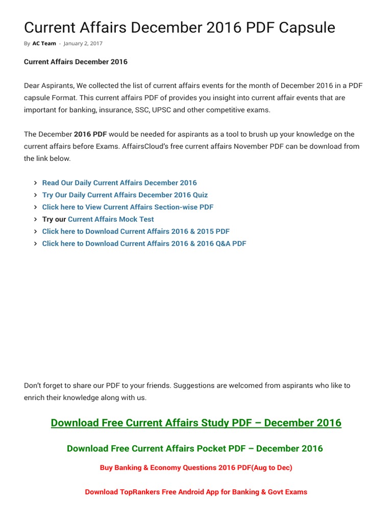 Free Current Affairs Study PDF - December 2016 | PDF