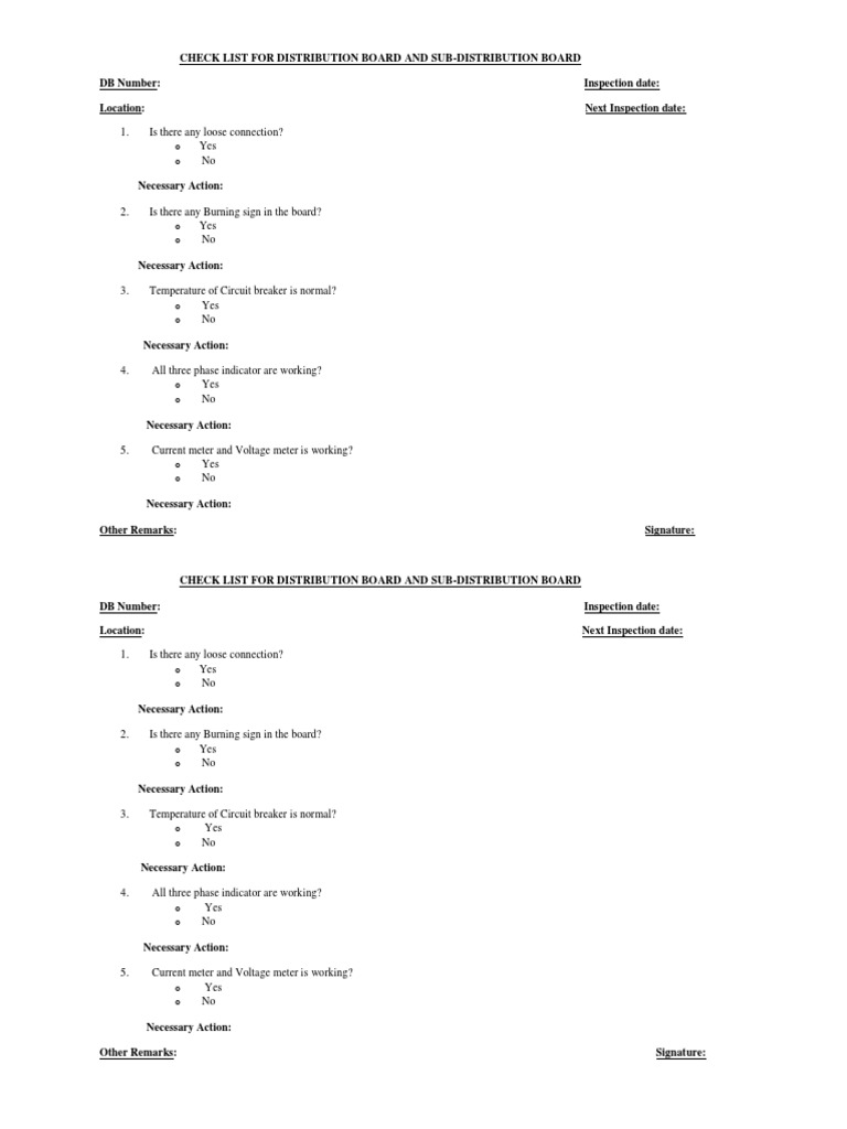 Distribution Board Inspection Checklist | PDF
