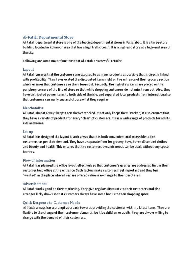 Al-Fatah Departmental Store: Layout | PDF | Retail | Business Economics