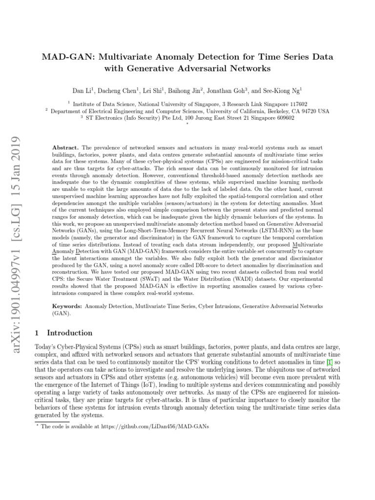 MAD-GAN: Multivariate Anomaly Detection For Time Series Data With Generative Adversarial ...