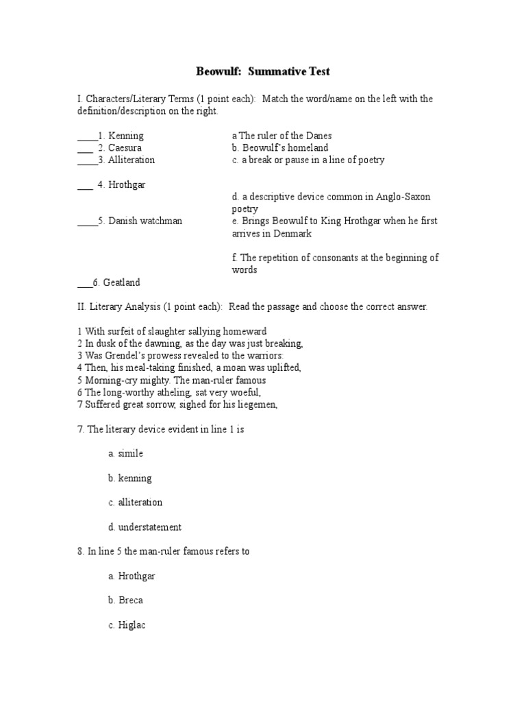 Beowulf Summative Test1 | PDF | Beowulf | English Heroic Legends