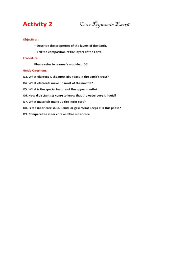 Activity 2 Our Dynamic Earth | PDF | Plate Tectonics | Structure Of The ...