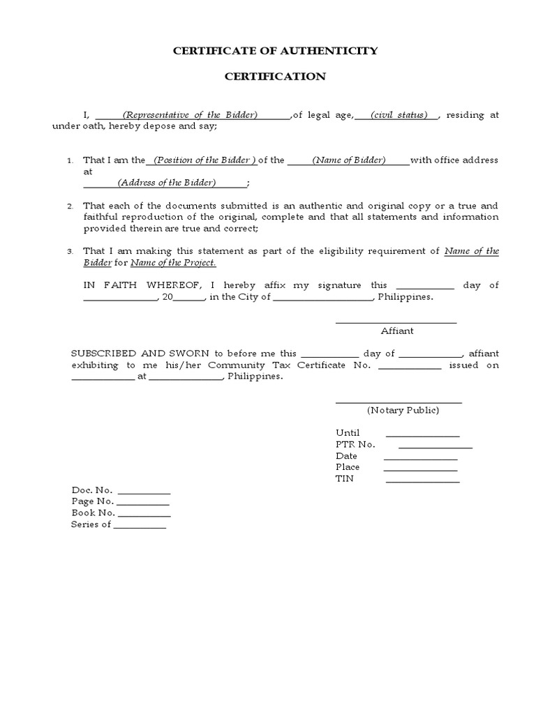 Certificate of Authenticity | PDF | Affidavit | Notary Public