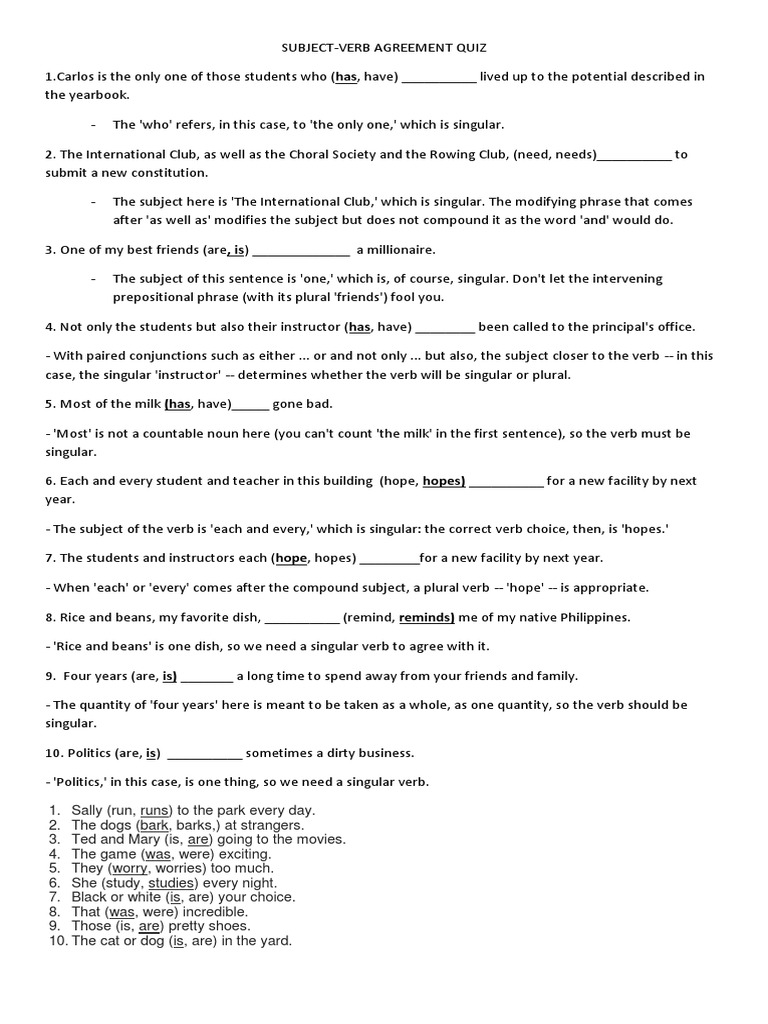 Subject-Verb Agreement Quiz | PDF | Grammatical Number | Verb