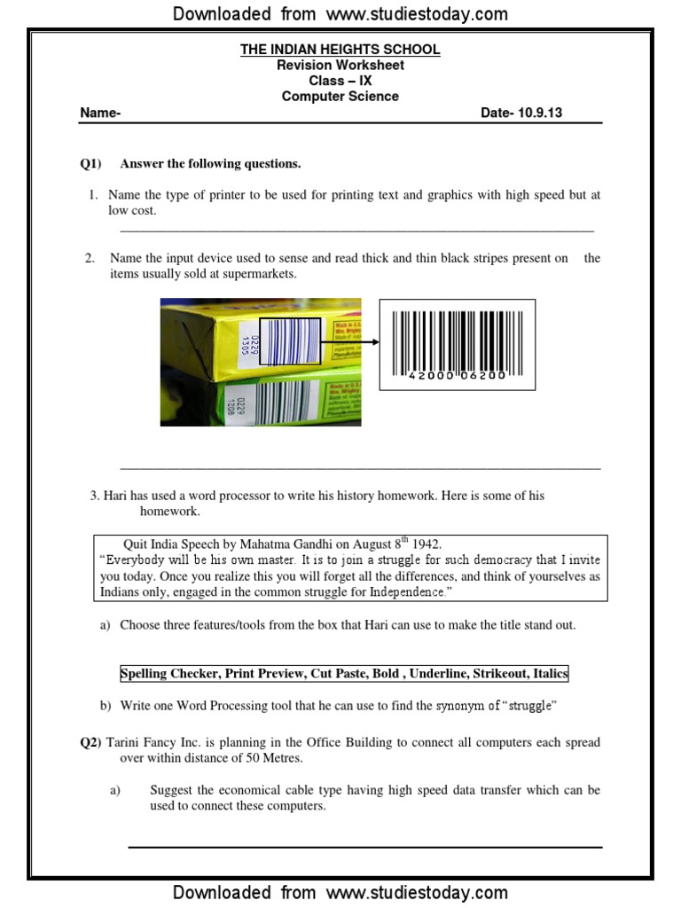 Class IX Computer Science Revision Worksheet | PDF | Computer Monitor ...