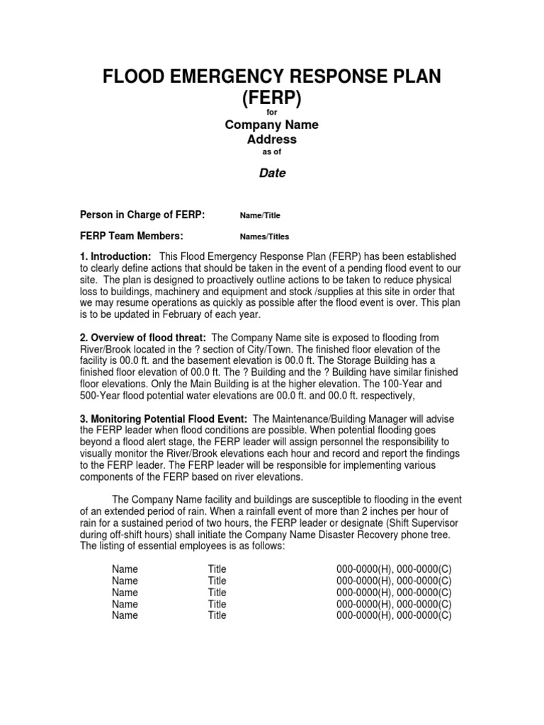 Flood Emergency Response Plan (FERP) : Company Name Address | PDF ...