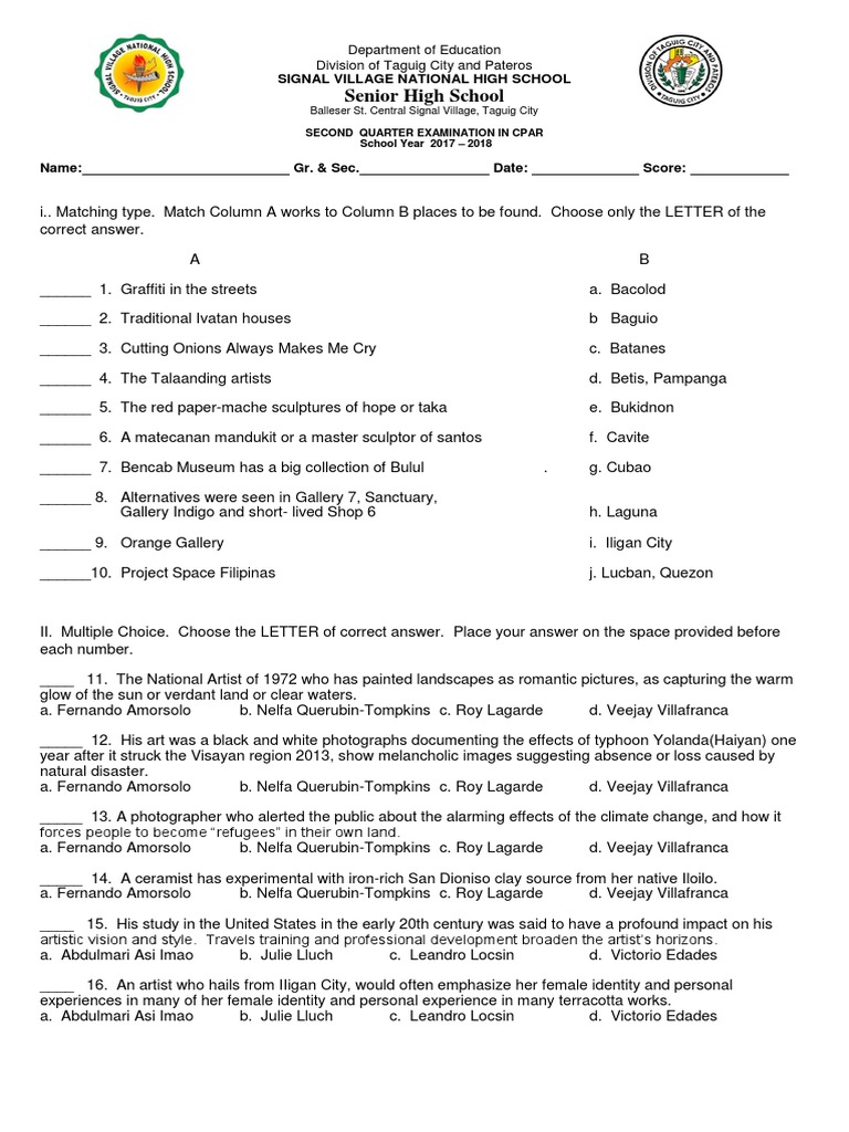 Second Quarter Examination in CPAR | Paintings | Art Media