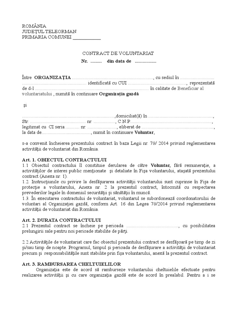model contract voluntariat