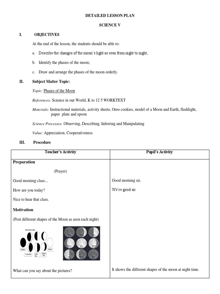 Detailed Lesson Plan Science V I. Objectives: Preparation | PDF | Moon ...