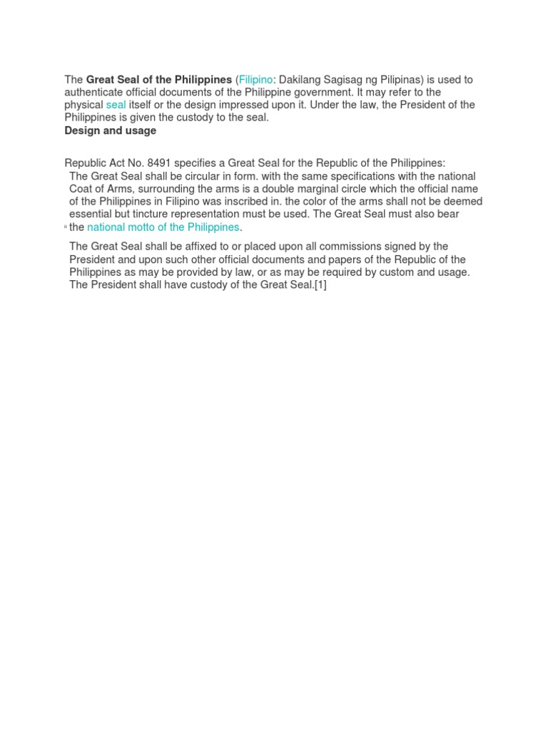 The Great Seal of the Philippines: Its Design, Usage and Custody by the ...