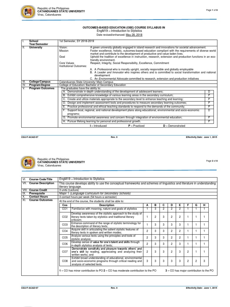 Stylistics Syllabus Sample Only | PDF | Lecture | Curriculum