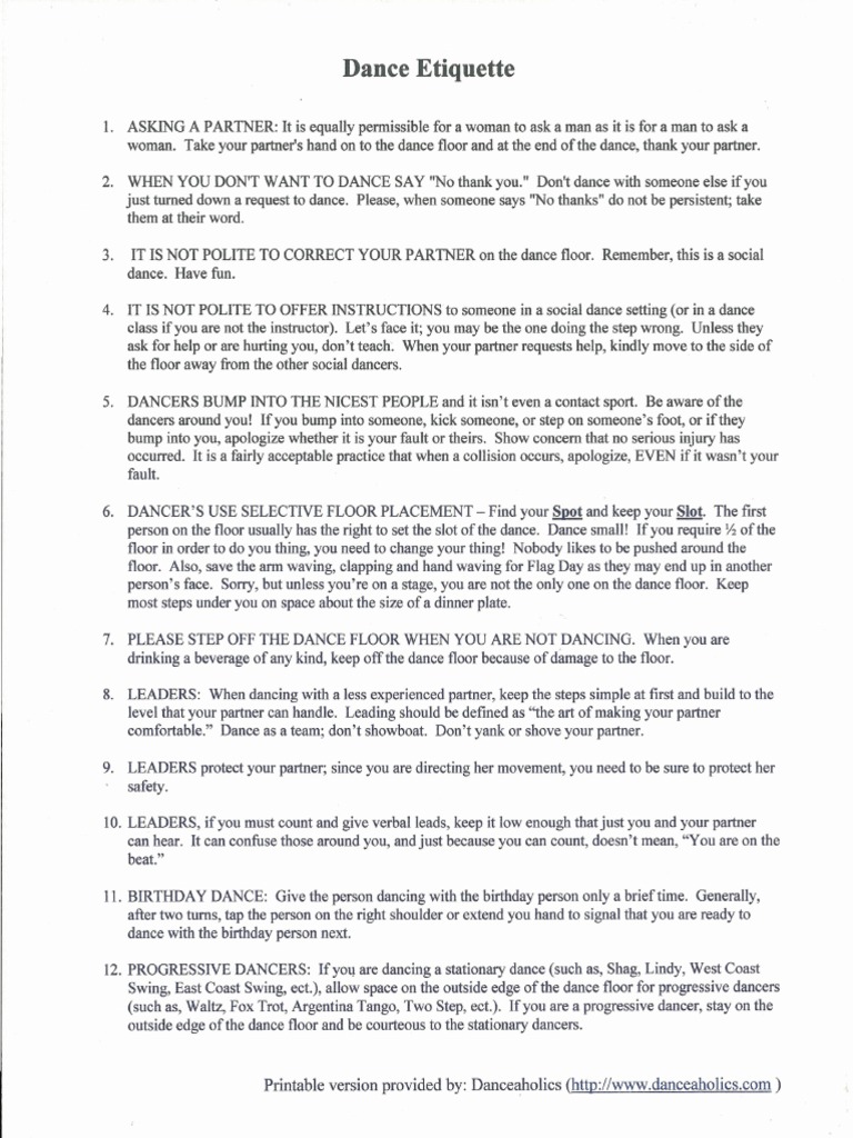 Dance Etiquette: Printable Versi N Provided By: Danceaho Ics ...