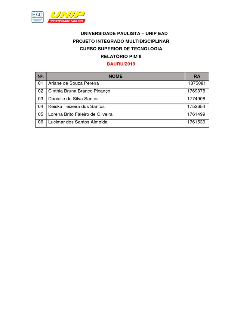 Universidade Paulista – Unip Ead Projeto Integrado Multidisciplinar Curso Superior De Tecnologia ...
