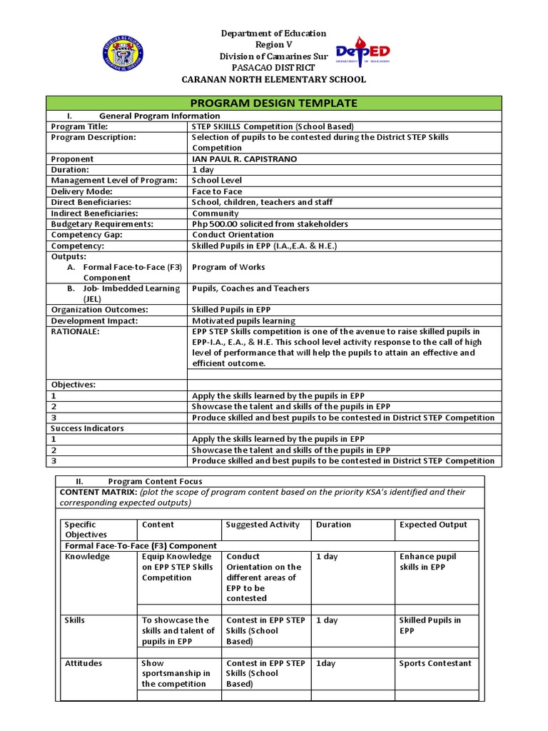 Program Design Template: Caranan North Elementary School | PDF | Learning | Cognition