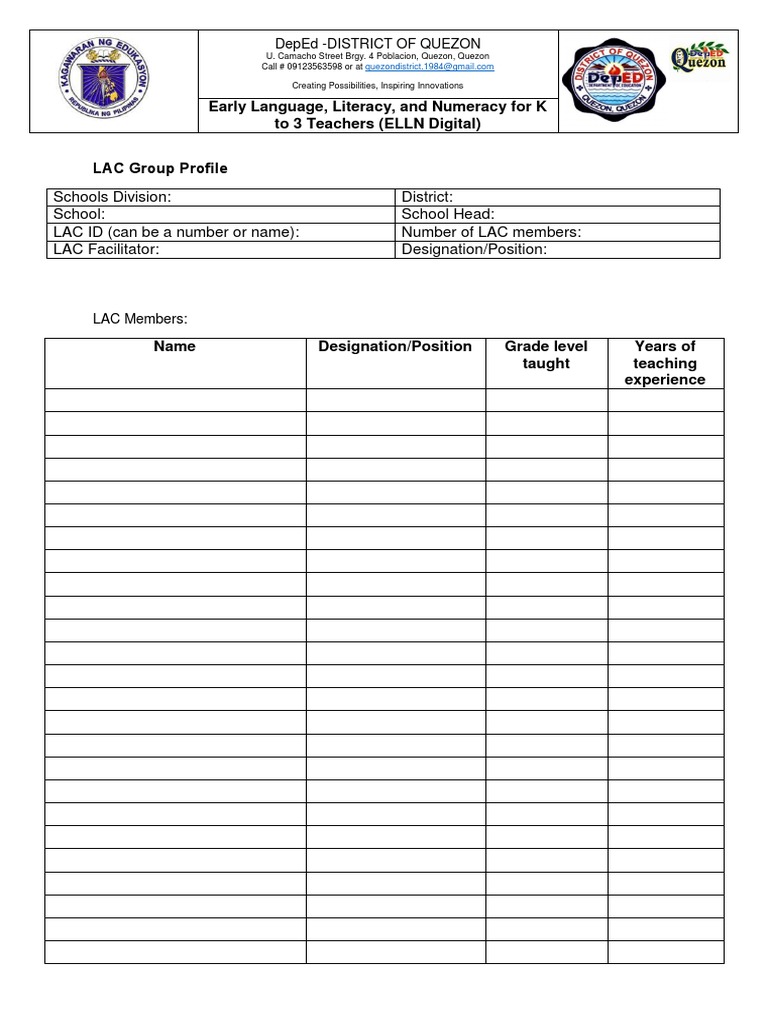LAC Group Proﬁle, LAC Facilitator Information Sheet, LAC Session Report ...